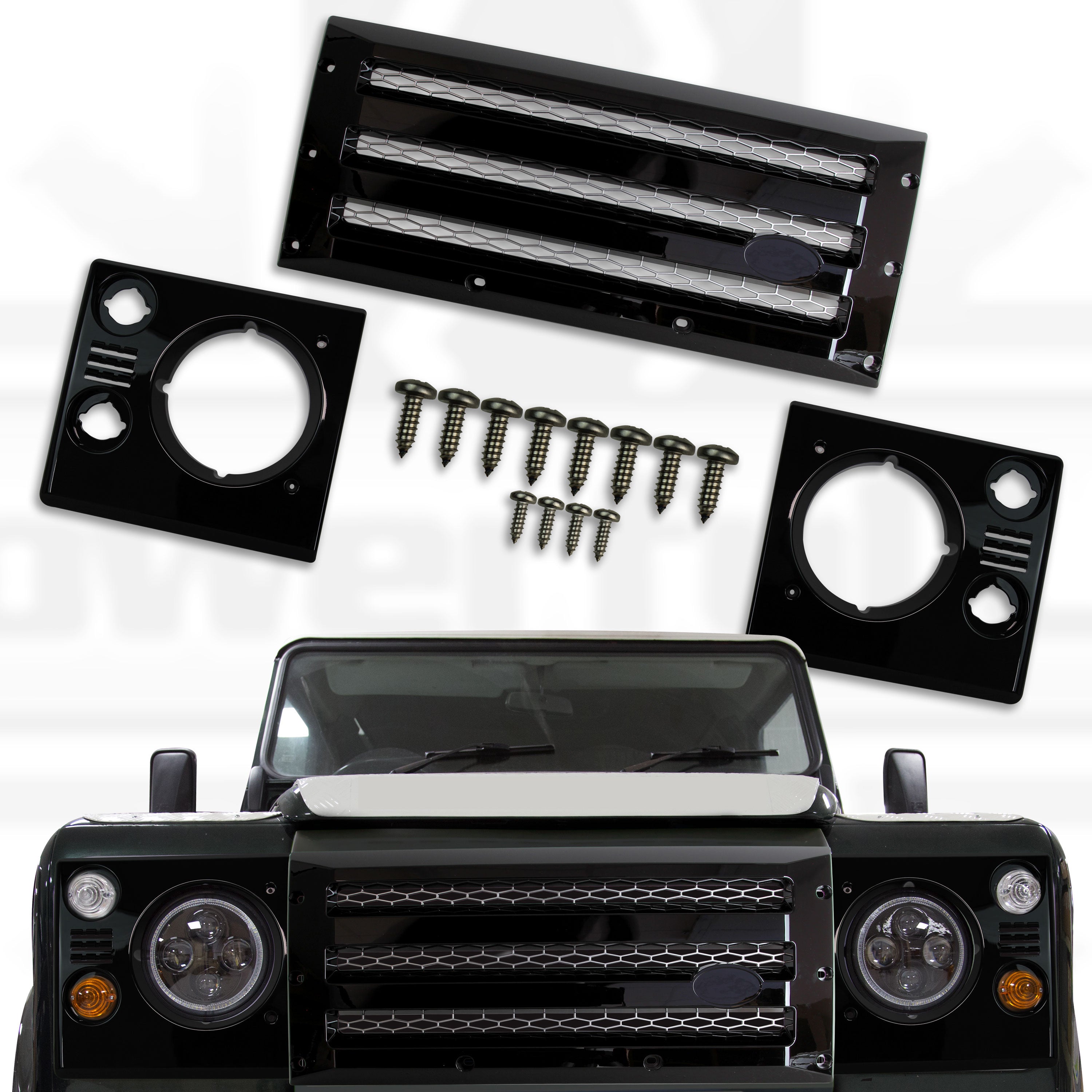 Grille Kit for Land Rover Defender (3pc) - Gloss Black & Silver Mesh ...